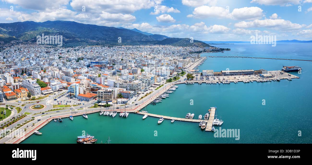 Panoramic aerial view of the skyline of Volos, Greece, with new port ...