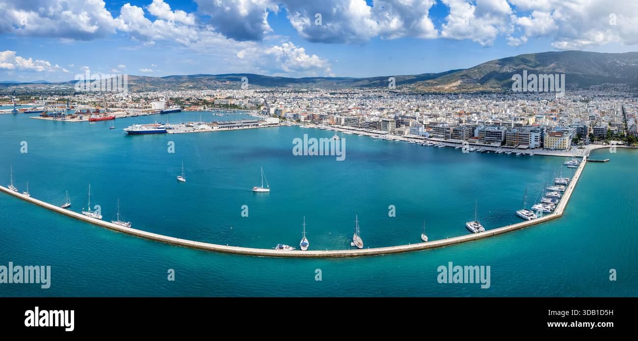 Aerial view of the skyline of Volos, Greece, with new port and marina ...