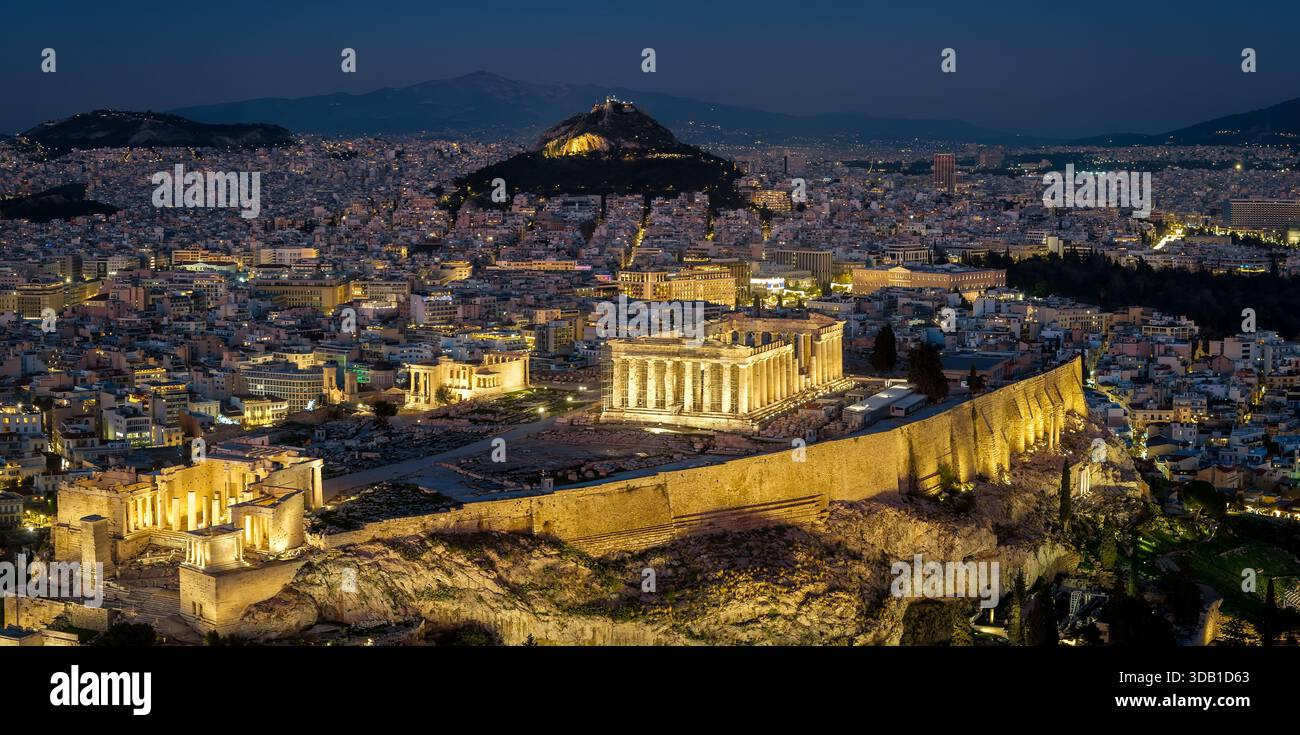 Aerial closeup up of the illuminated Parthenon Temple at the Acropolis ...
