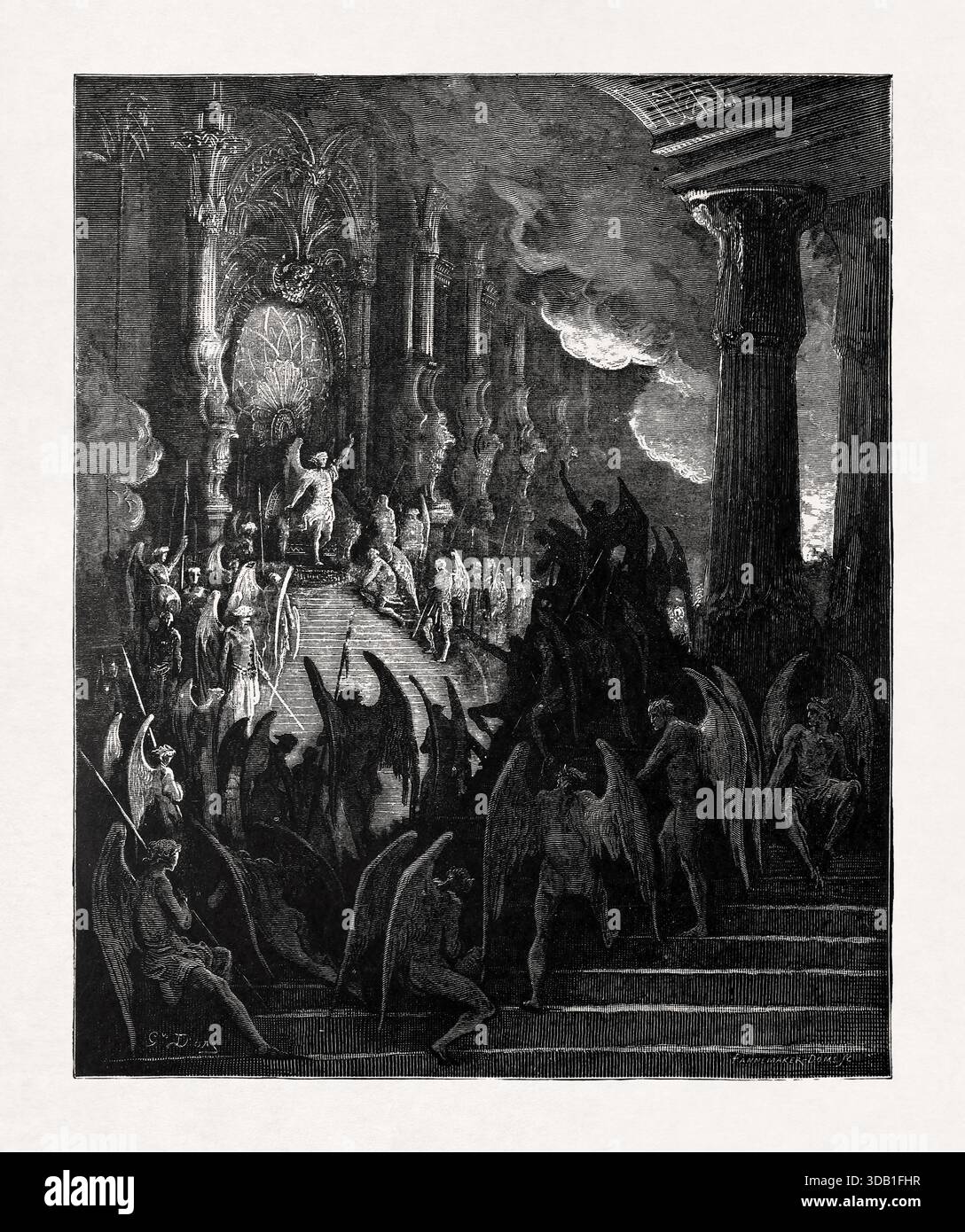 Black and white engraving by Gustave Doré depicting the fallen angel ...