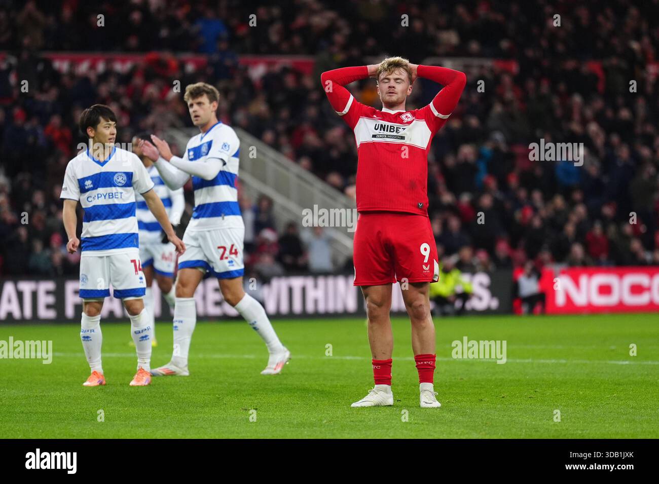 Middlesbrough's Tommy Conway reacts after missing an attempt at goal ...