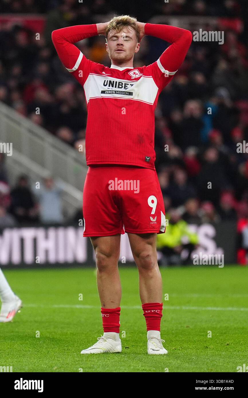 Middlesbrough's Tommy Conway reacts after missing an attempt at goal ...