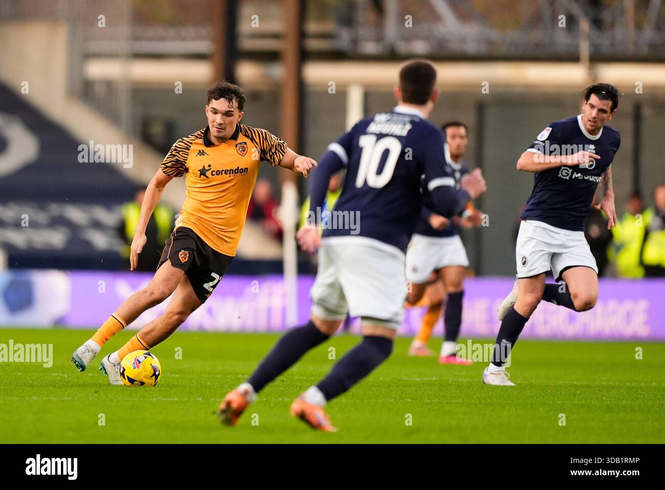 Hull City's Kyle Joseph takes on the Millwall's defence during the Sky ...