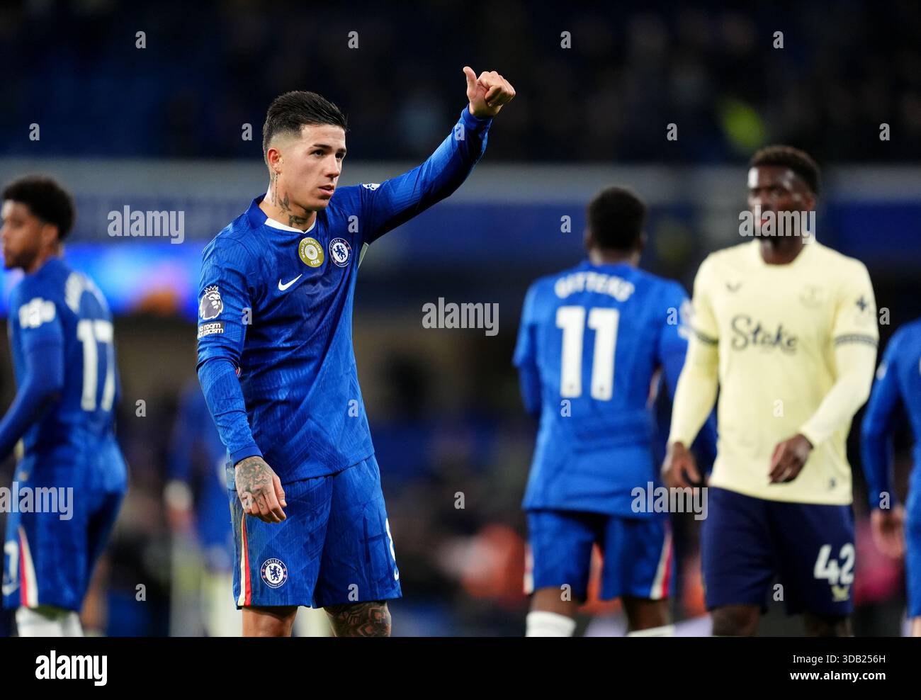 Chelsea's Enzo Fernandez gives a thumbs up after the Premier League ...