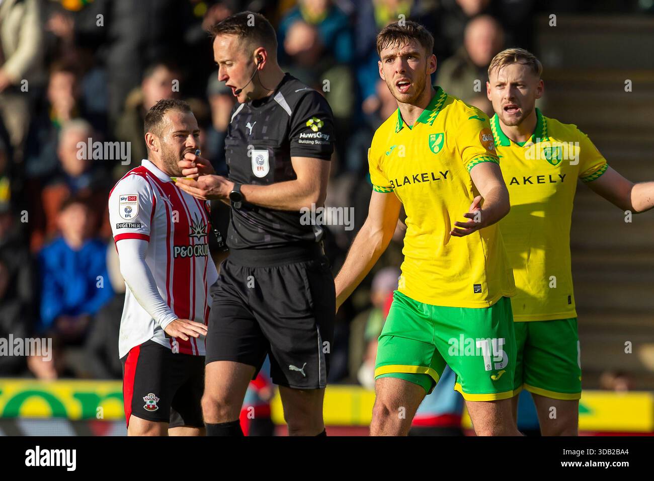 Ruairi McConville of Norwich City reacts to Referee James Bell during ...