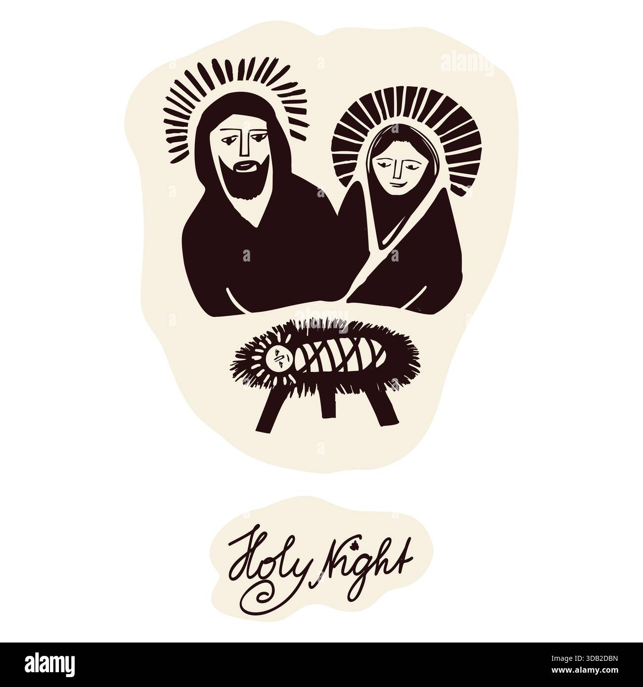 Hand drawn biblical holy family in manger nativity characters. Mary ...