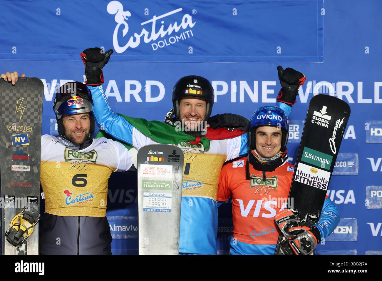 (L-R) Benjamin KARL of Austria, 2nd, Aaron MARCH of Italy, winner, and ...