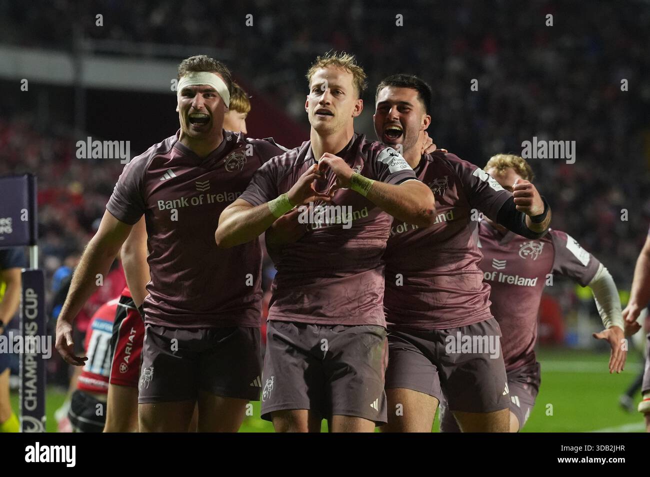 Munster Rugby's Mike Haley (centre) celebrates scoring his team's ...