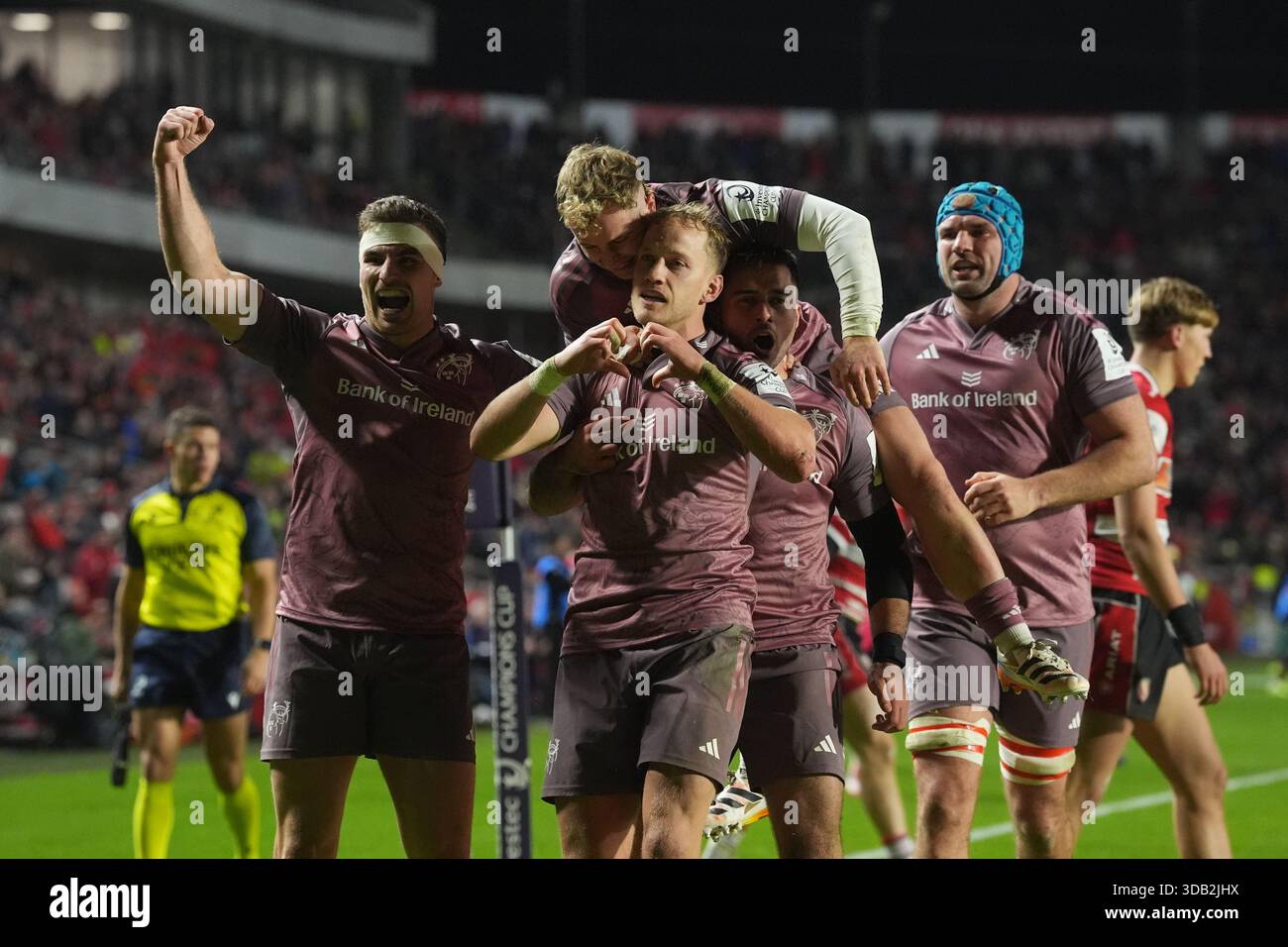 Munster Rugby's Mike Haley (centre) celebrates scoring his team's ...
