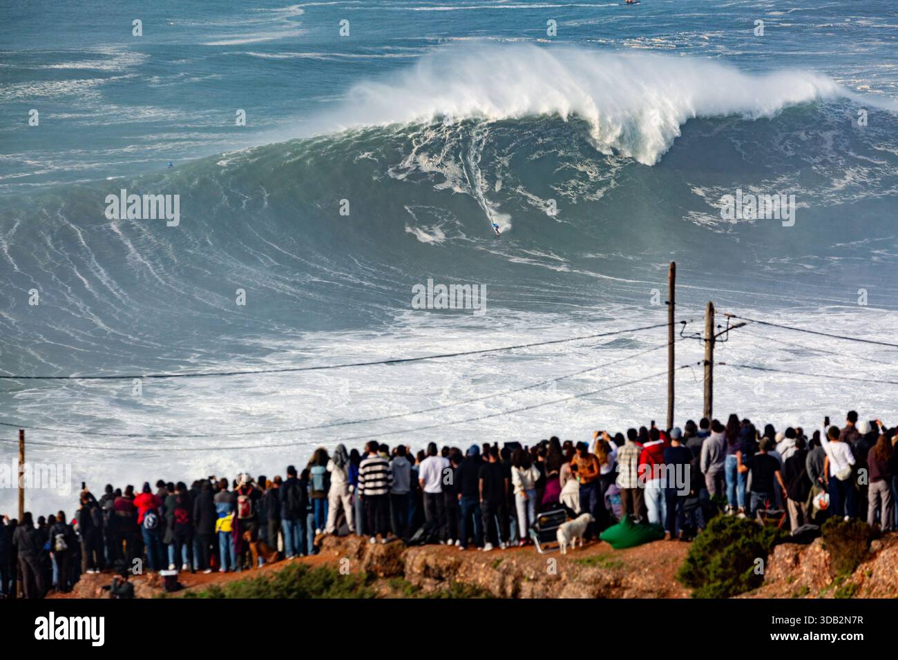 A surfer drops into a massive wave as spectators watch from the cliffs ...