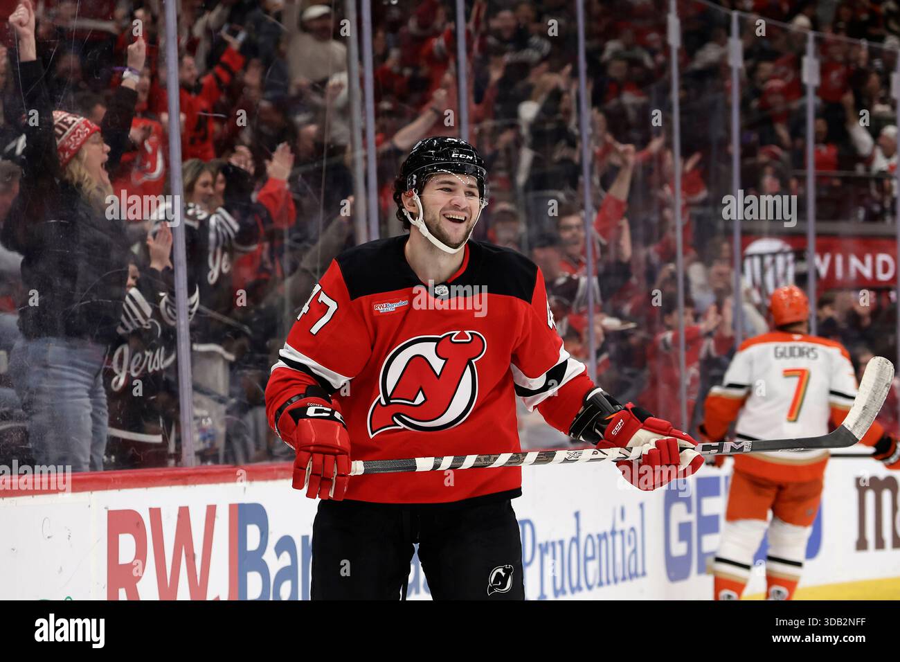New Jersey Devils left wing Paul Cotter (47) reacts after scoring a ...
