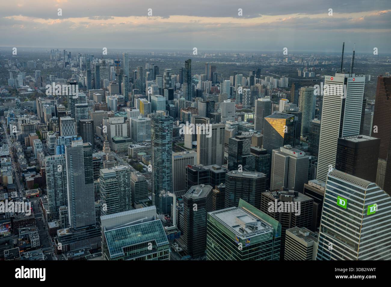 Aerial view of a dense cluster of modern skyscrapers in downtown ...