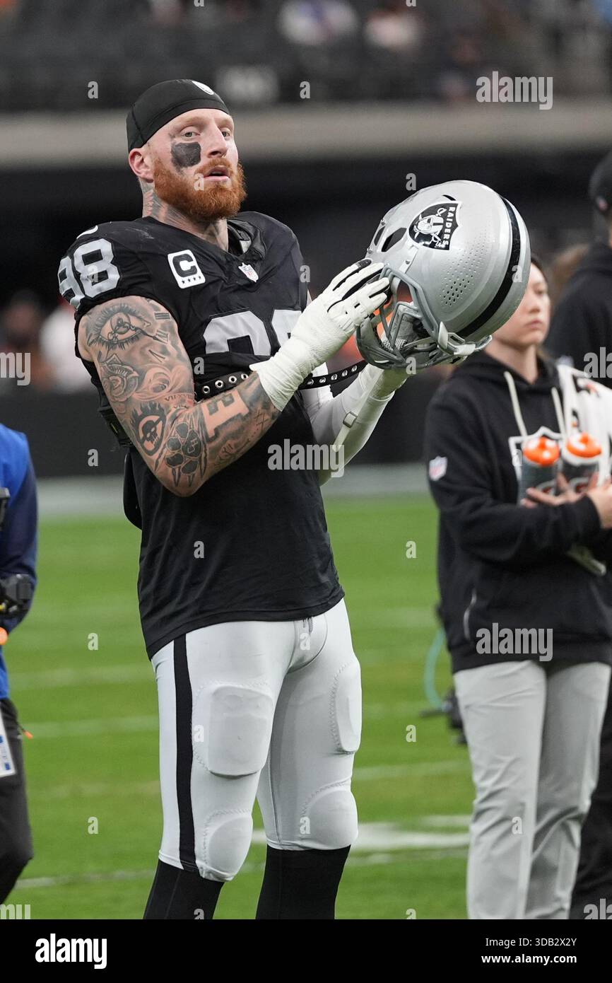 Las Vegas Raiders defensive end Maxx Crosby with helmet off before an ...