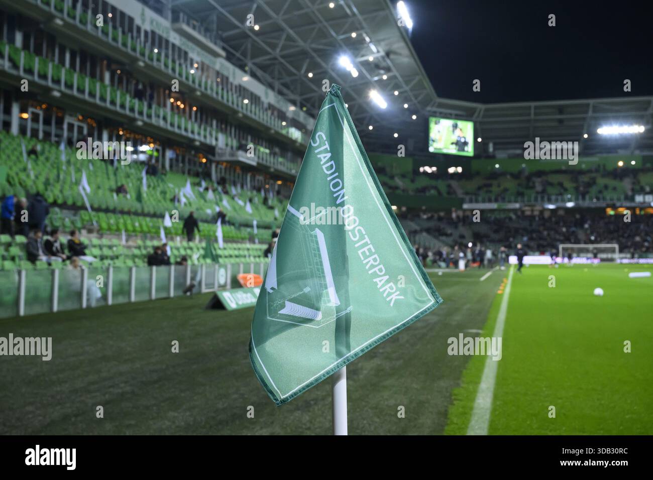 GRONINGEN - Custom corner flag featuring the Oosterpark Stadium during ...