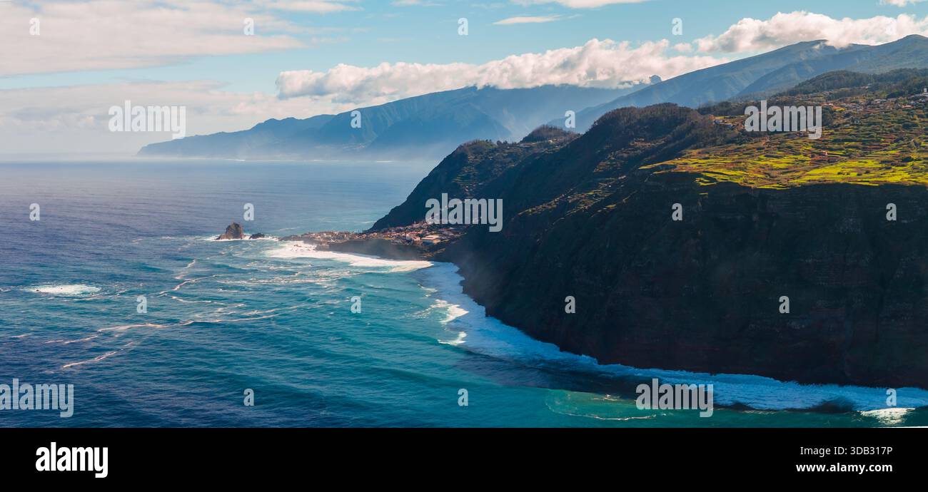 Aerial view of Madeira northwest cliffs, sea stack, and fields Stock ...