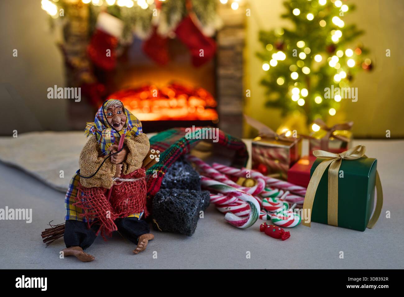 La Befana and Epiphany Italian Tradition with Fireplace, Candy and ...
