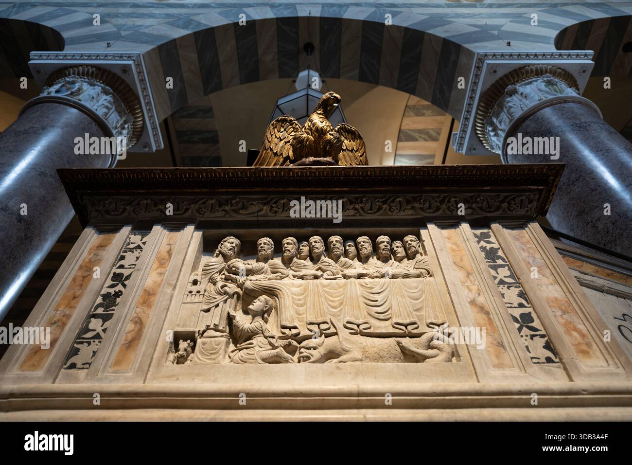 Volterra, Italy - Jul 21, 2025: Marble pulpit relief of Christ and ...