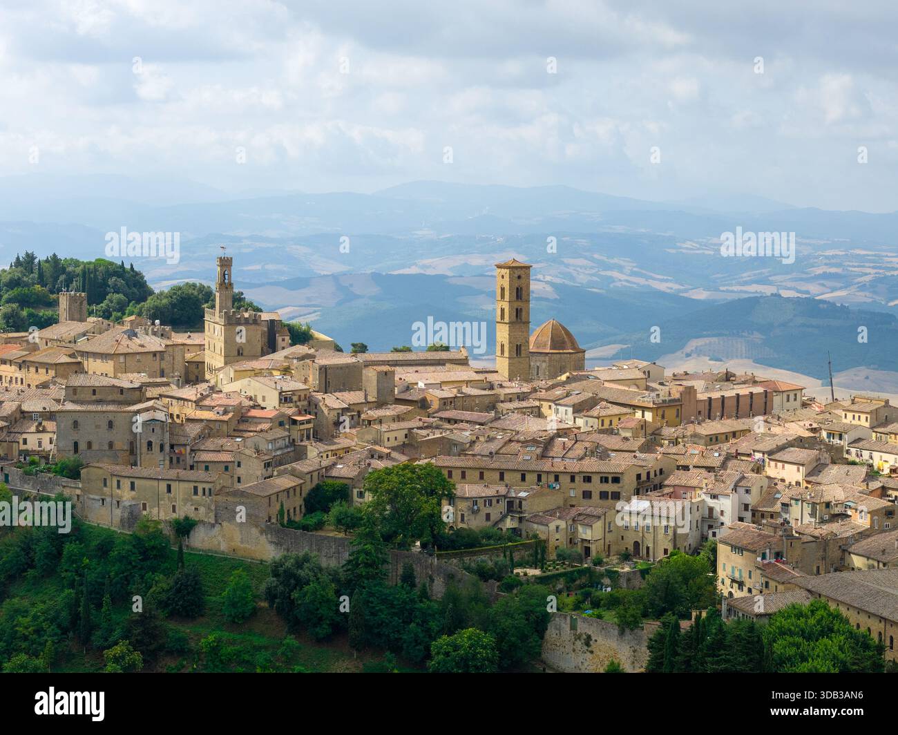 Aerial view of Volterra’s medieval hilltop skyline in Tuscany, with ...