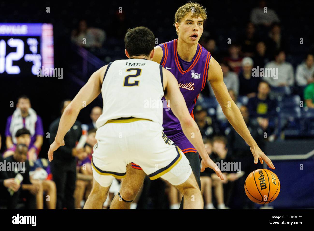 December 13, 2025: Evansville guard Leif Moeller (6) directs the ...