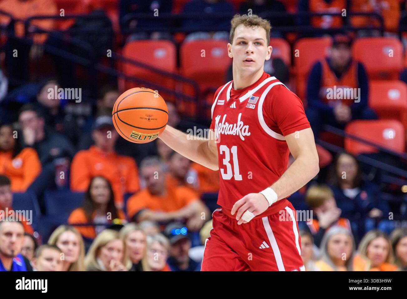 Nebraska guard Cale Jacobsen controls toe ball during an NCAA college ...