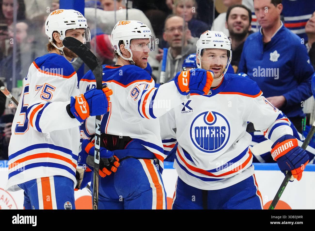 Edmonton Oilers' Connor McDavid, center, celebrates his goal against ...