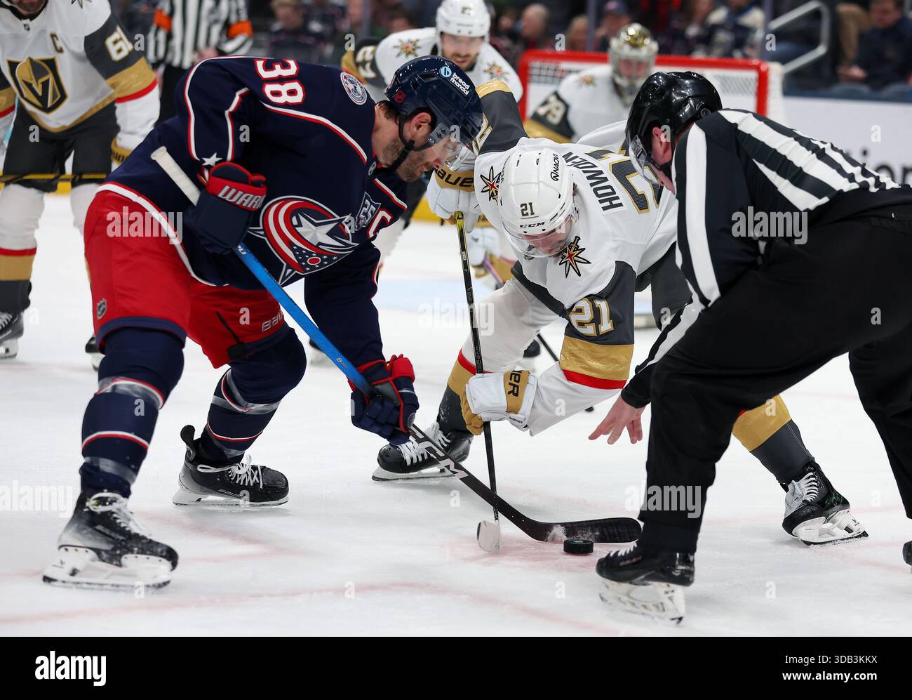Columbus Blue Jackets center Boone Jenner (38) and Vegas Golden Knights ...