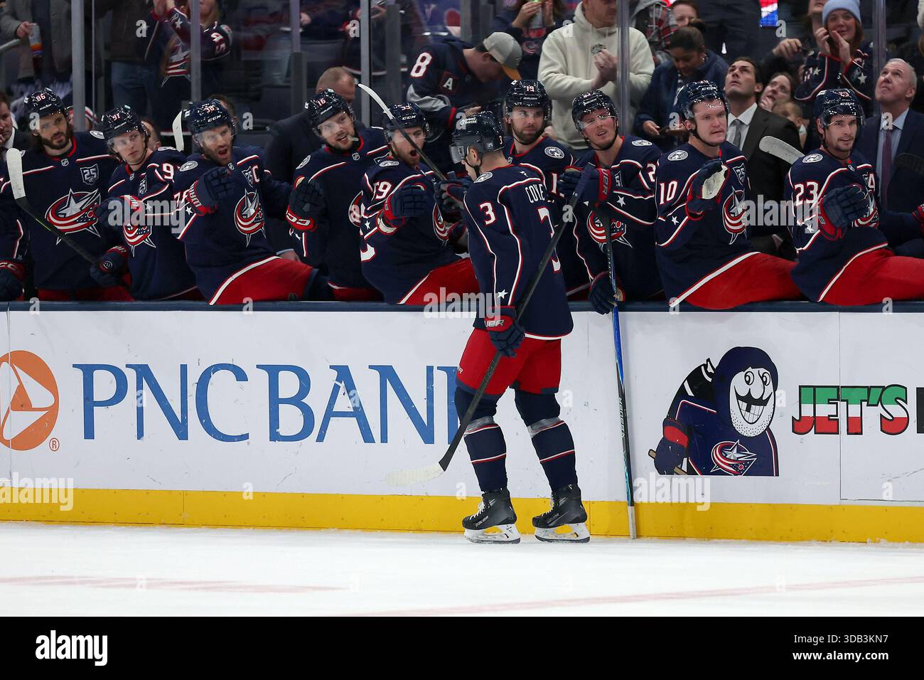 Columbus Blue Jackets center Charlie Coyle (3) celebrates his goal with ...