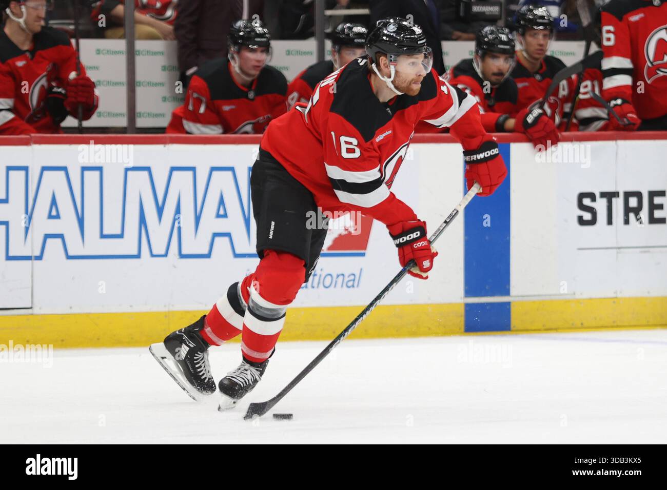 New Jersey Devils' Connor Brown (16) skates with the puck during the ...