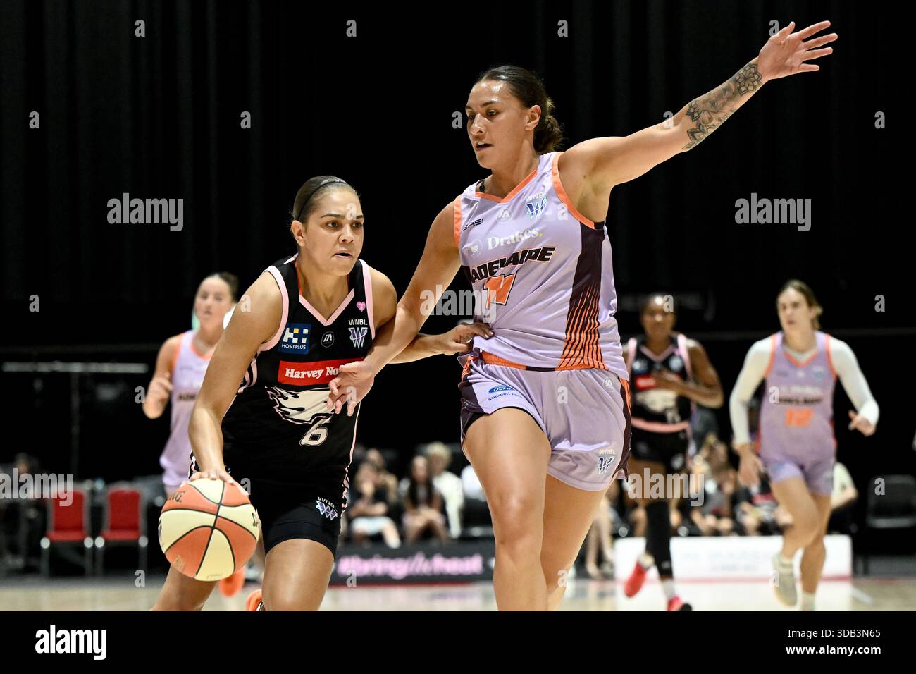 Shaneice Swain of the Flames and Sharne Robati of the Lightning during ...