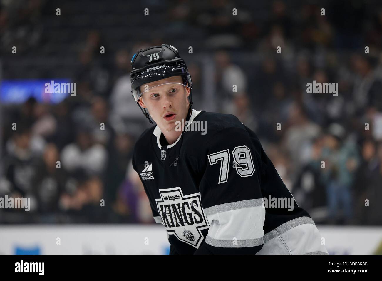 Los Angeles Kings center Samuel Helenius (79) warms up ahead of an NHL ...