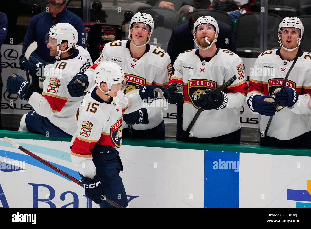 Florida Panthers' Anton Lundell (15) celebrates with the bench after ...