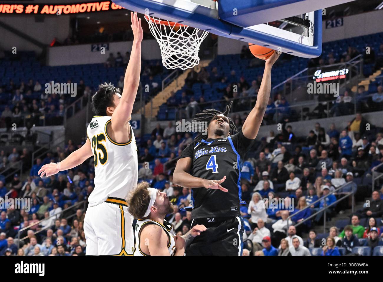DECEMBER 13, 2025: Saint Louis Billikens guard Amari McCottry (4) lays up the shot against the ...