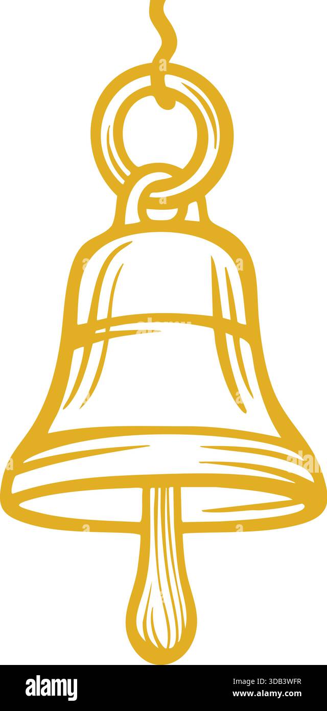 A stylized golden bell hanging from a loop depicted with warm shading ...