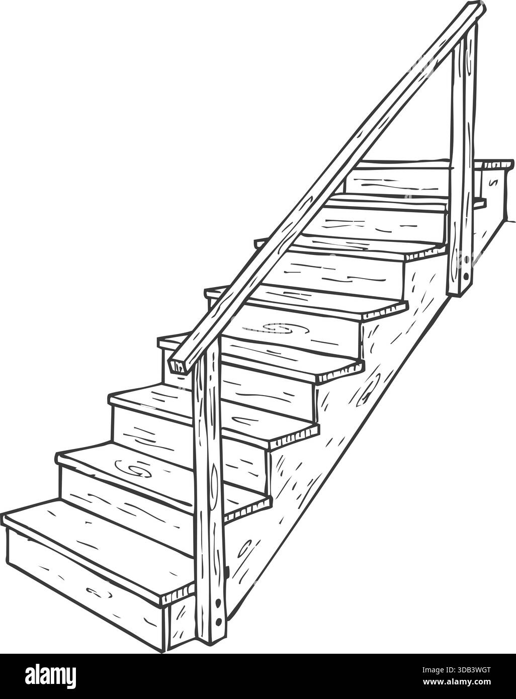 A black line perspective drawing of an indoor staircase with railing ...