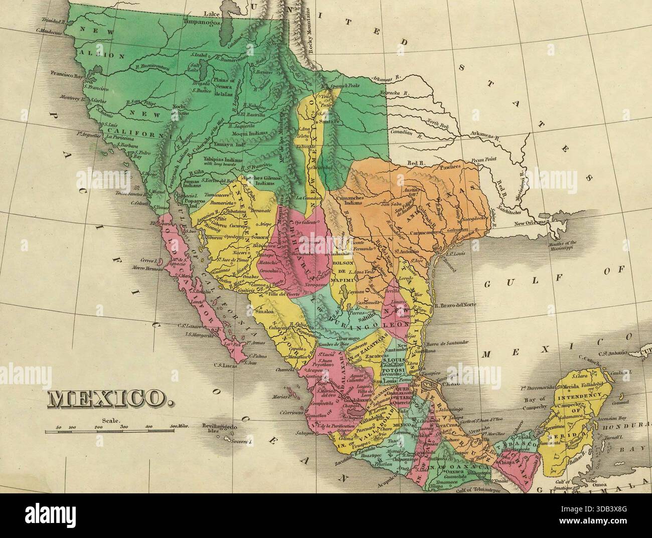 Detailed historical map of Mexico from the 19th century, highlighting ...
