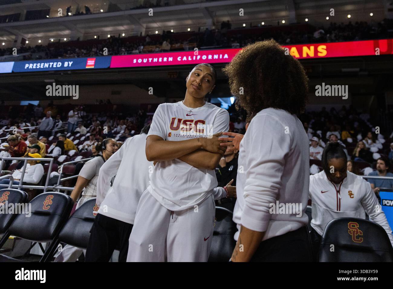 Southern California guard Juju Watkins, center, looks on before an NCAA ...