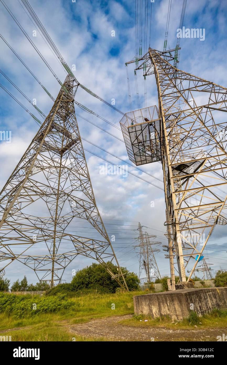 Electricity pylons and high voltage transmission lines viewed from ...