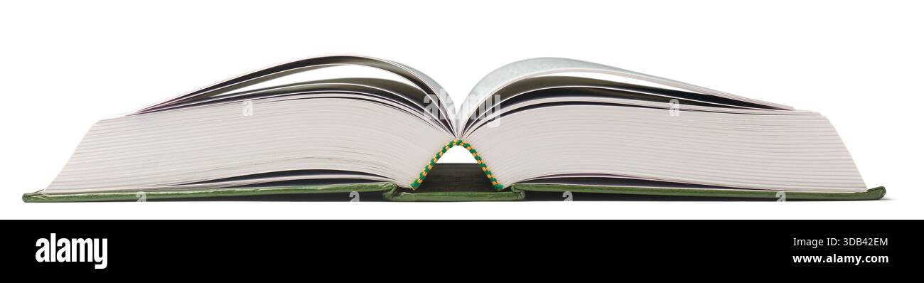 open hardcover book isolated white background side view, textured green ...