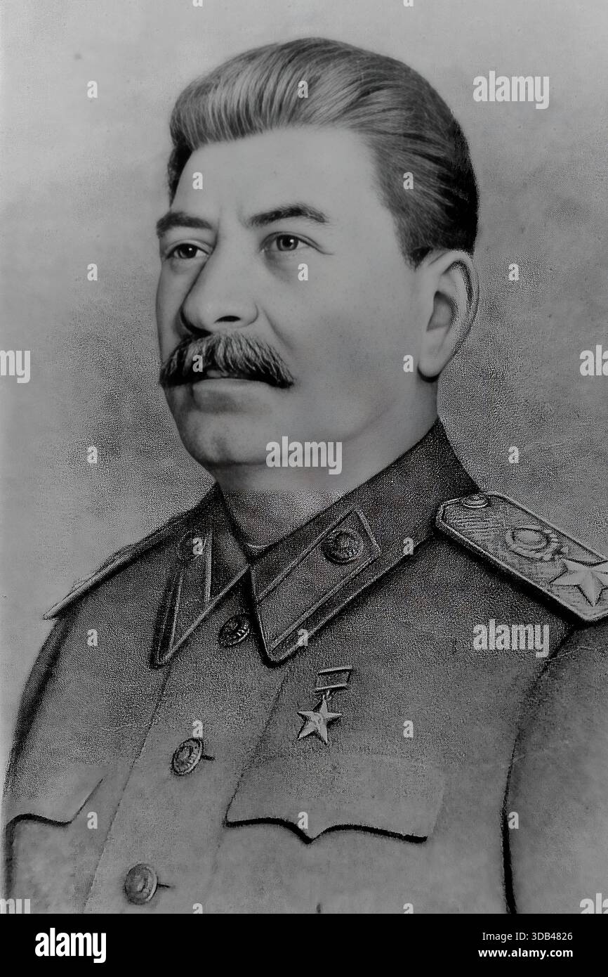 USSR. Circa 1945. A black and white archival portrait depicts Joseph ...