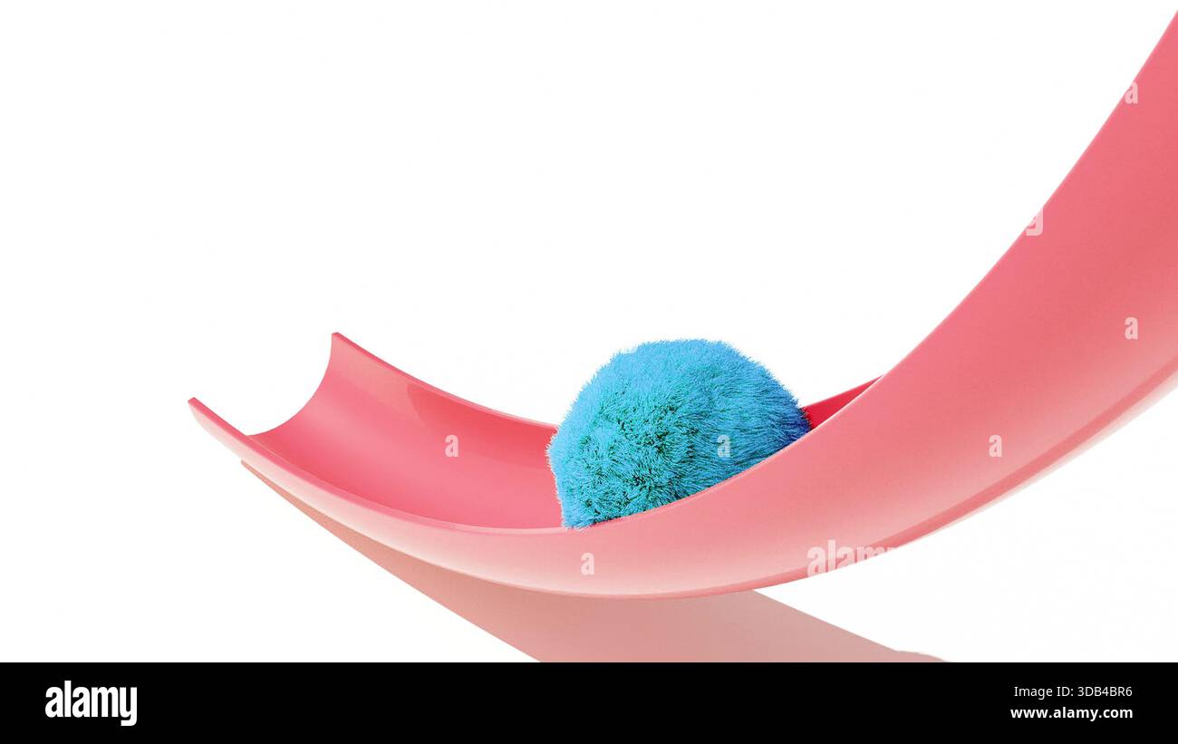 Light blue sphere rolling on red arc down on white bg 3d render Stock ...