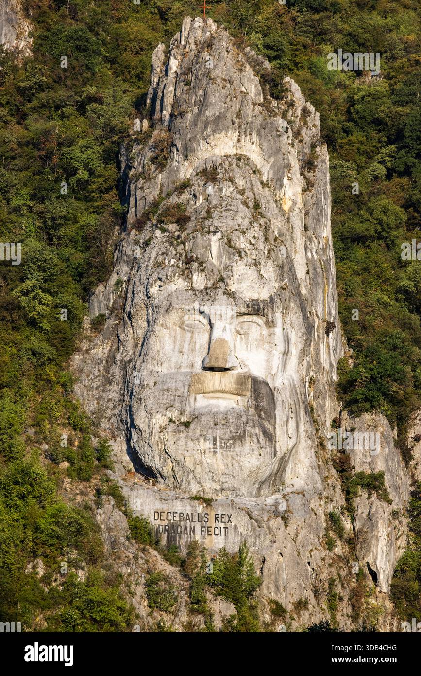 The 40-meter-high rock sculpture of Decebalus in the Iron Gates Gorge ...