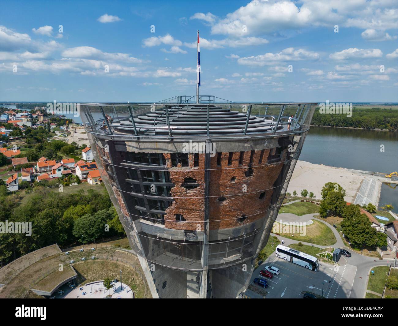 Aerial view of the Vukovar water tower (now a monument as a symbol of ...
