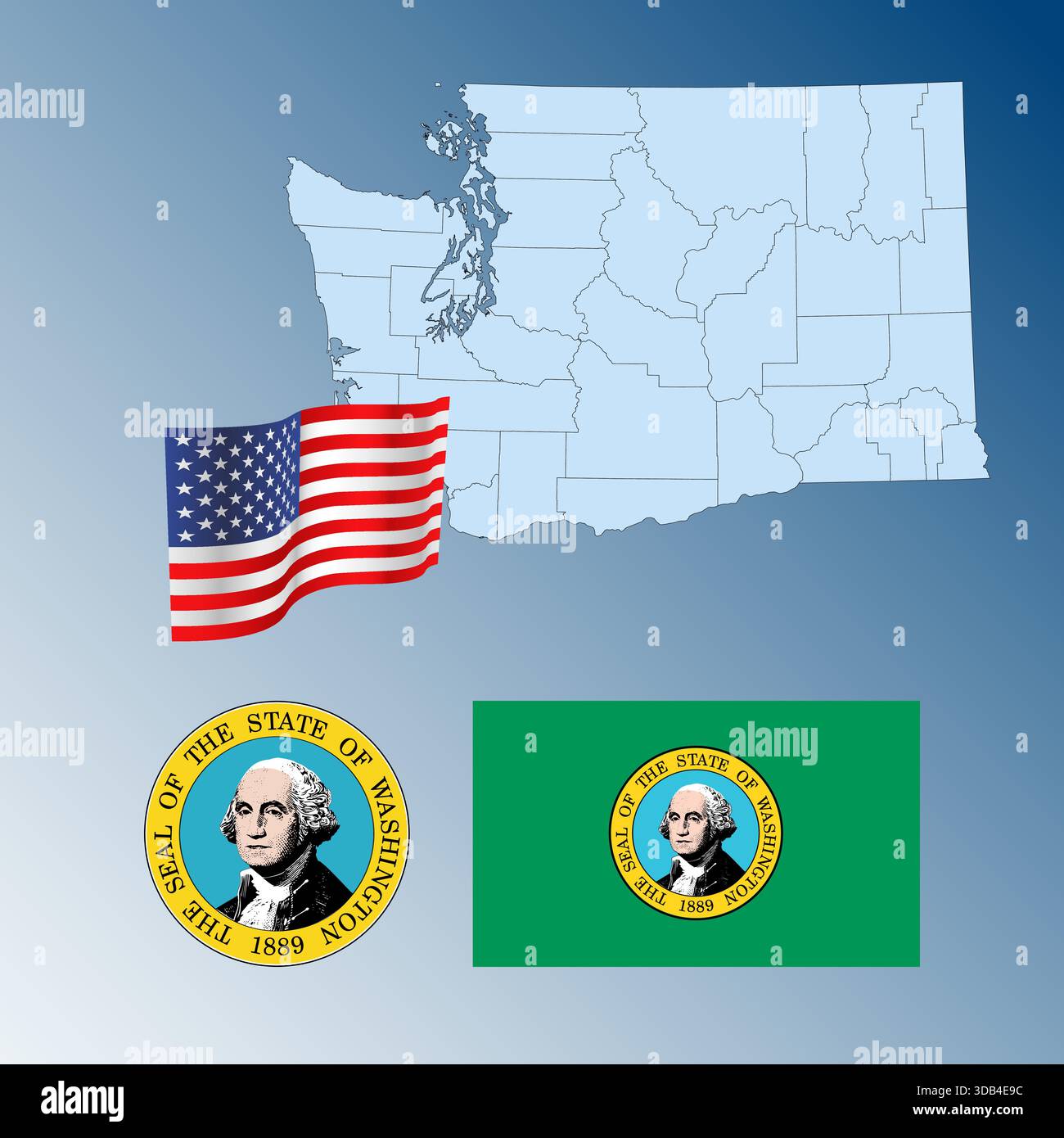 Washington US federal state waving flag, seal and map, United States ...