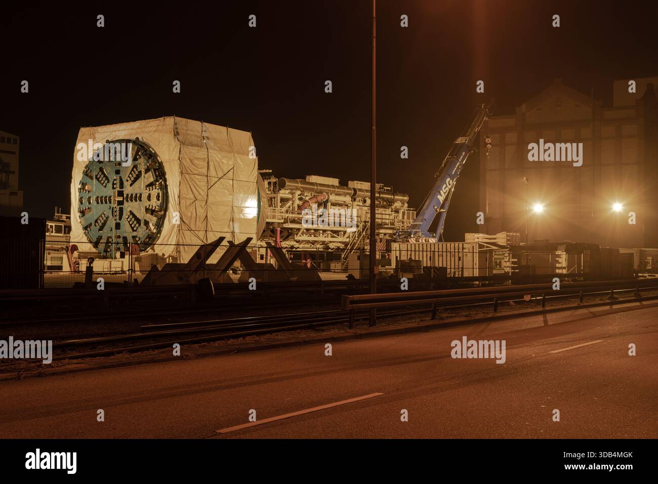 Tunnel Boring Machine Cutterhead and Crane at Kehl Rhine Port at Night ...