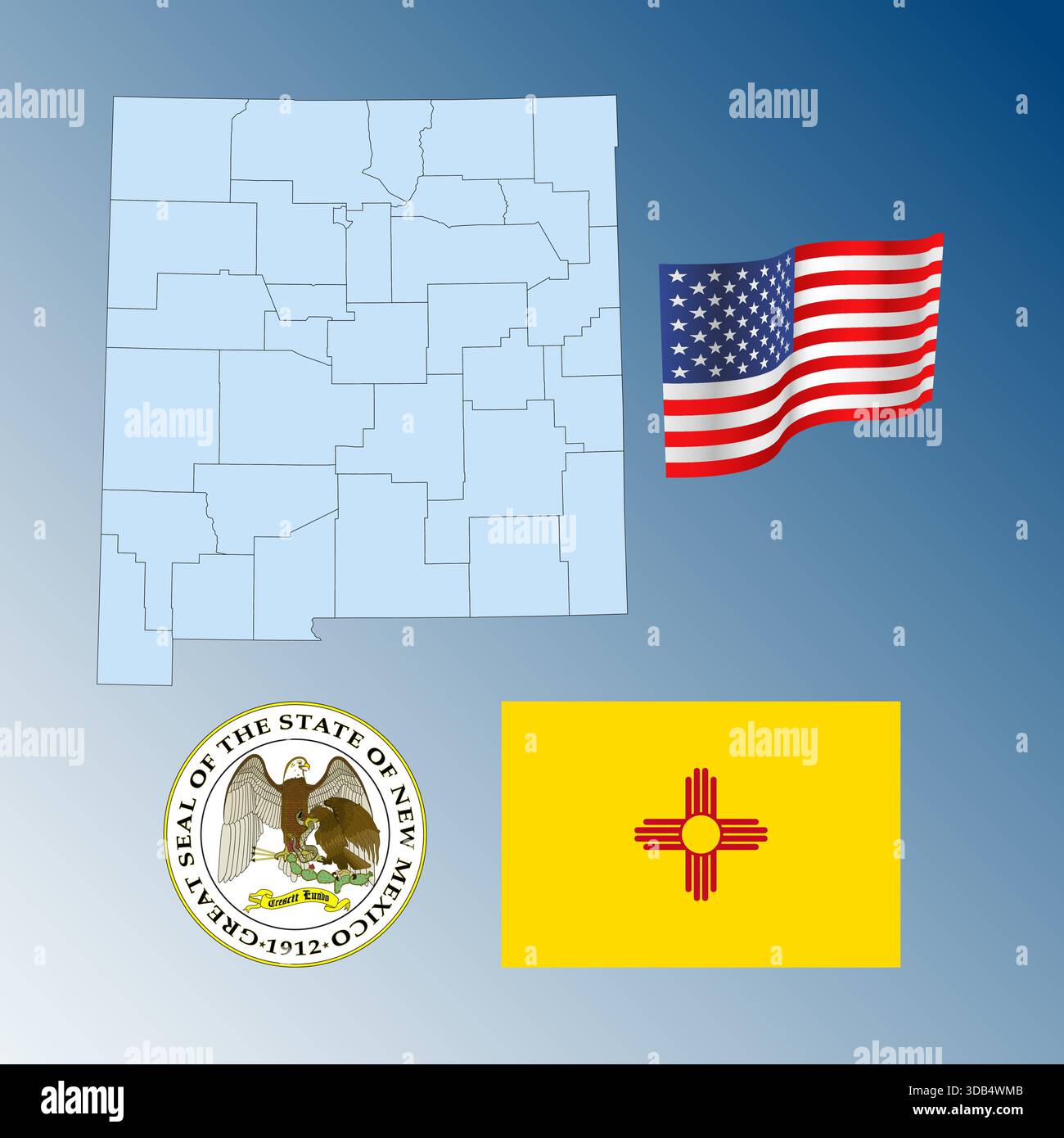 New Mexico US federal state waving flag, seal and map, United States ...