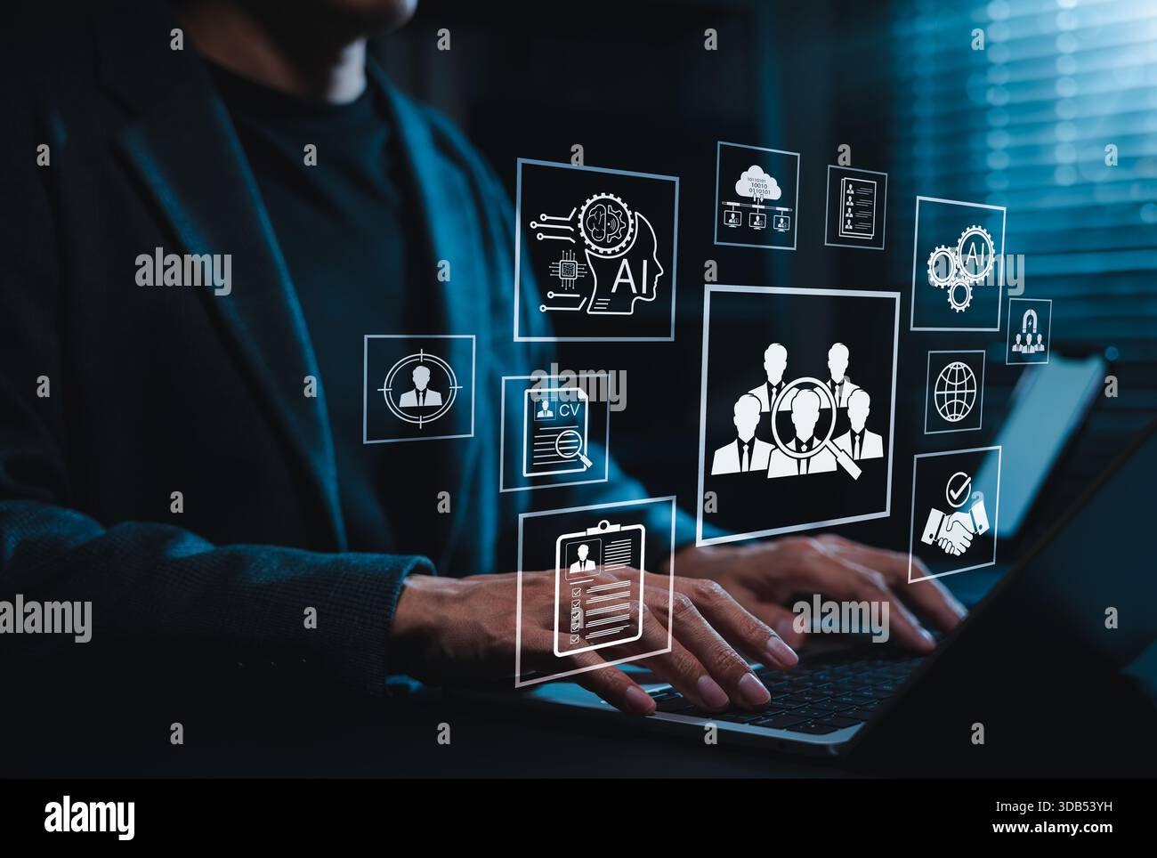 AI recruitment and candidate screening concept. Icons showing resume ...