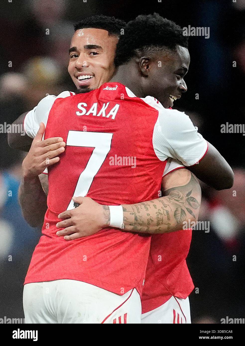 Arsenal's Gabriel Jesus (left) celebrates with Bukayo Saka after ...