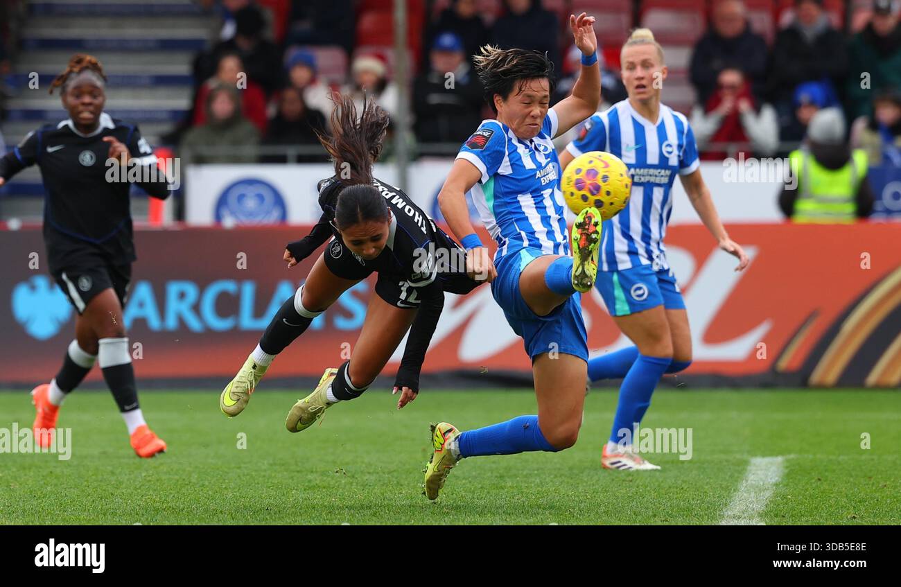 Crawley, UK 14th December, 2025 : Alyssa Thompson of Chelsea dives to ...
