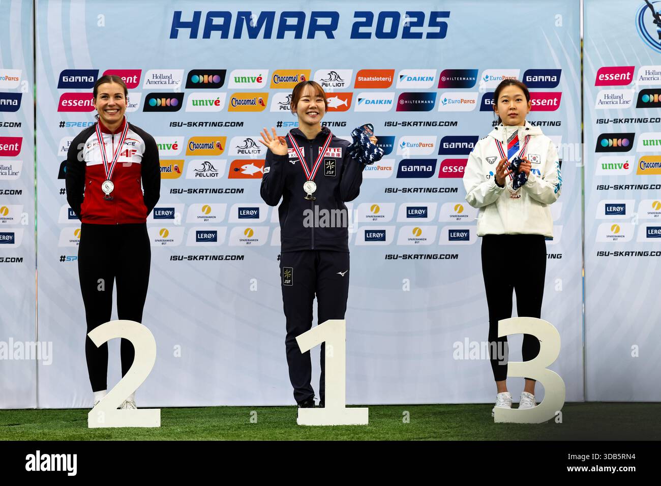 Hamar 20251214. The podium after the women's 500 meters in the World ...