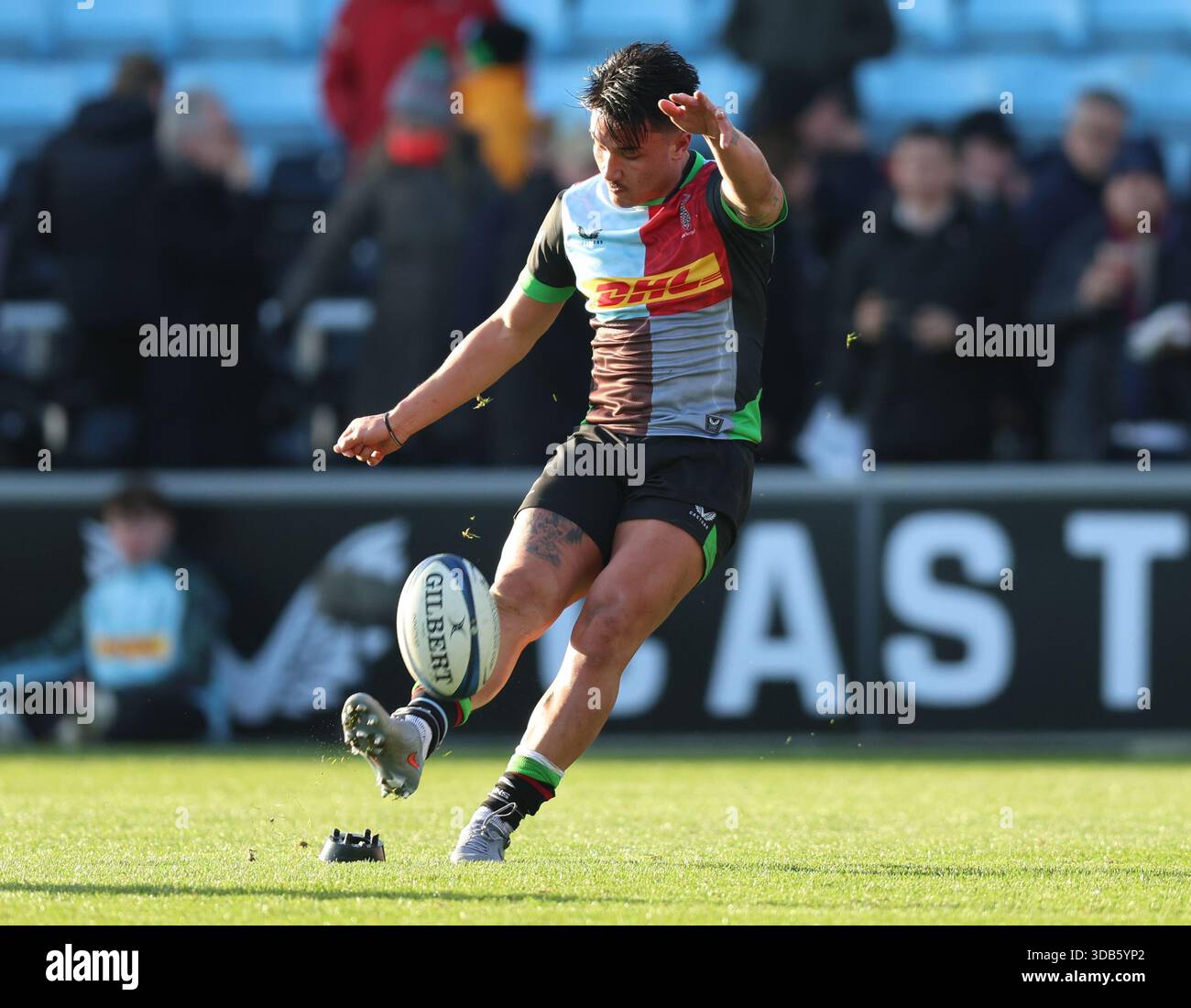 Harlequins' Marcus Smith kicks a conversion against Aviron Bayonnais ...